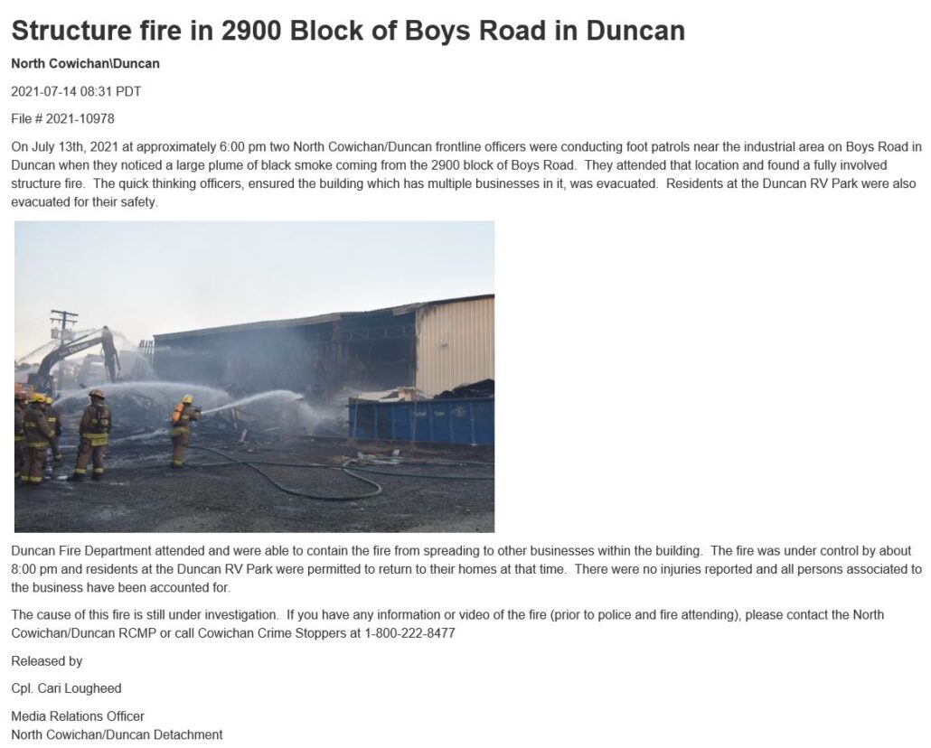 Structure Fire 2900 Block Boys Road Duncan – Cowichan Community ...